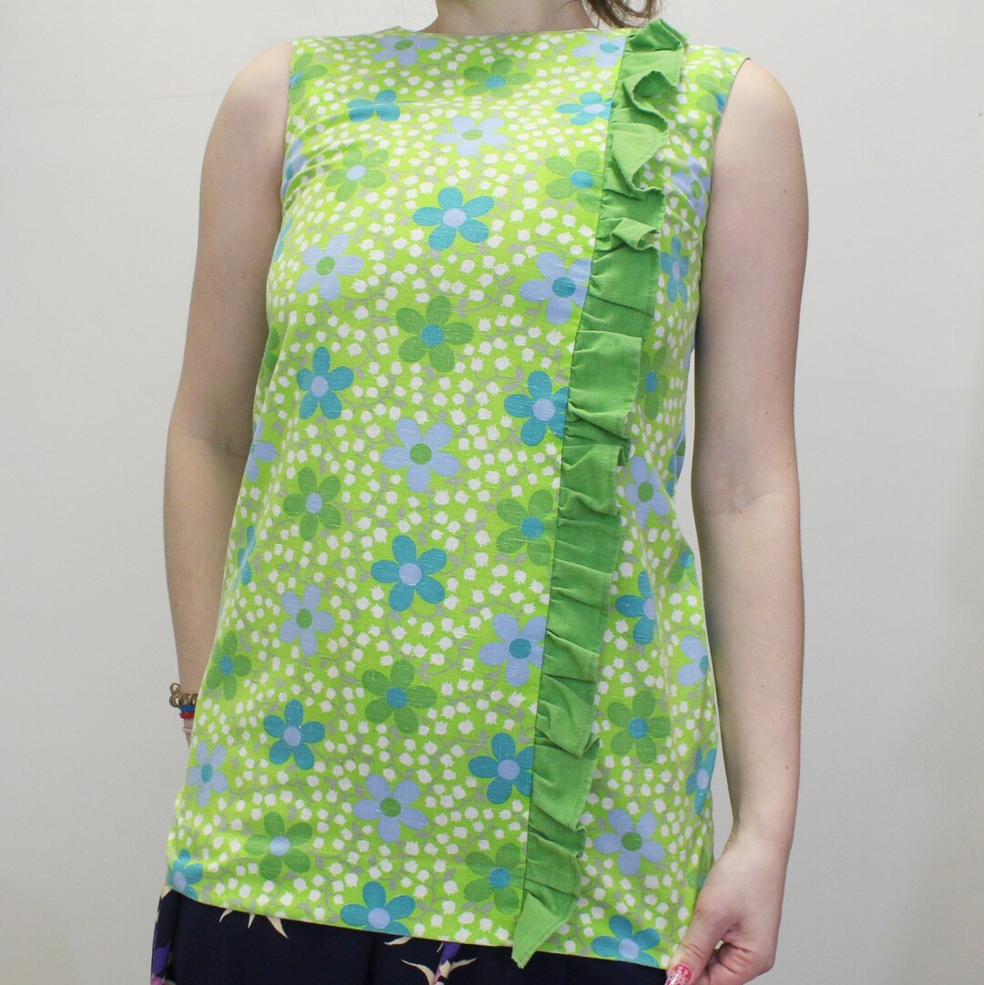 Vintage 60s Tank Top/ Micro Mini Dress! Green Floral Psychedelic Ruffle ...