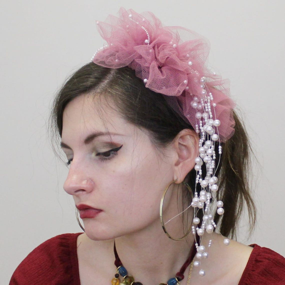 Vintage 80s Funky Headband Mauve Tulle Ruffle Headband With Dangling ...