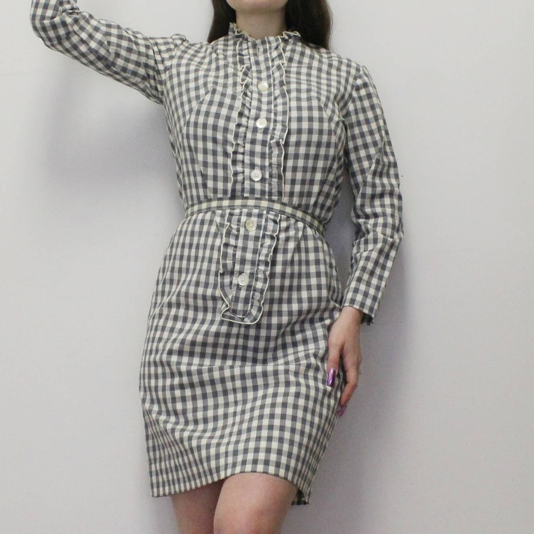Vintage 70s Gingham Ruffle Dress With Belt-grey Gingham Ruffle Shirt Dress - Etsy