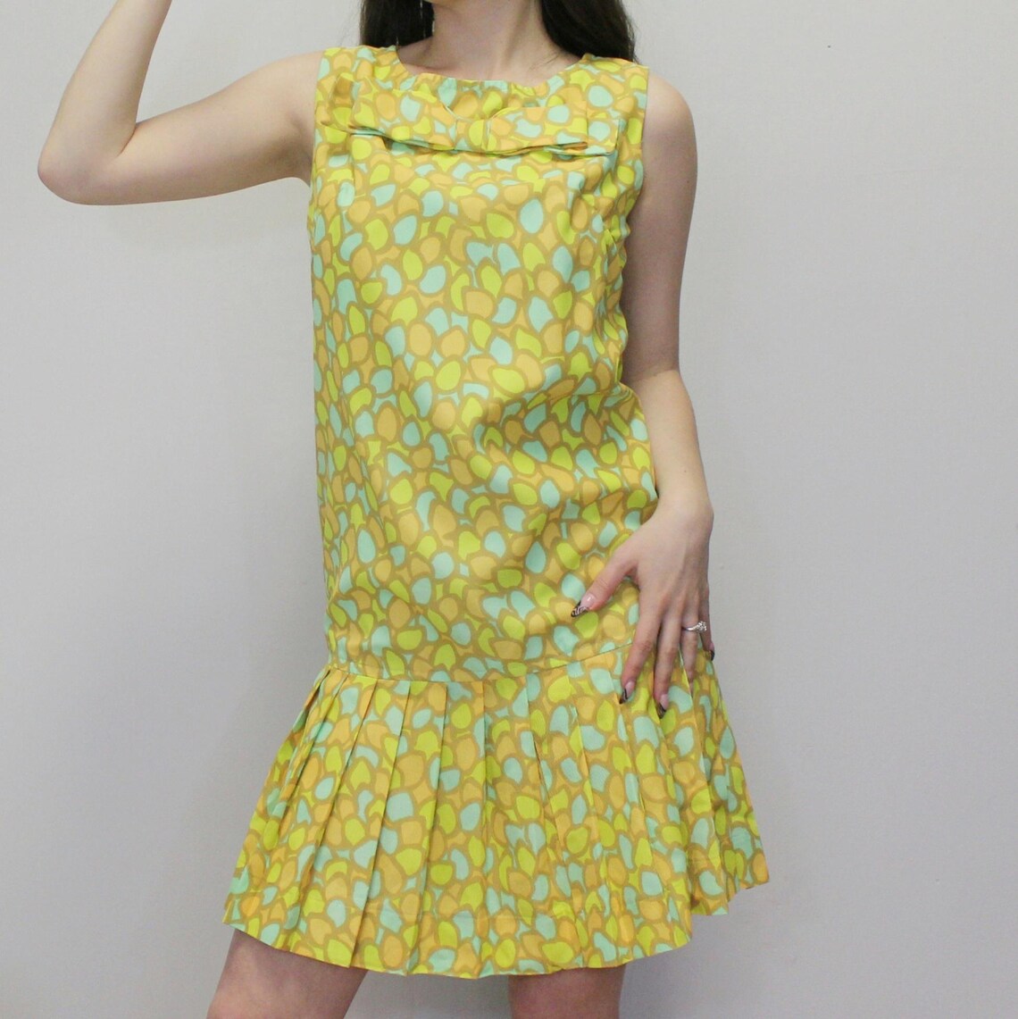 Vintage 60s Funky Patterned Mini Dress With Bow and Pleated Skirt - Etsy
