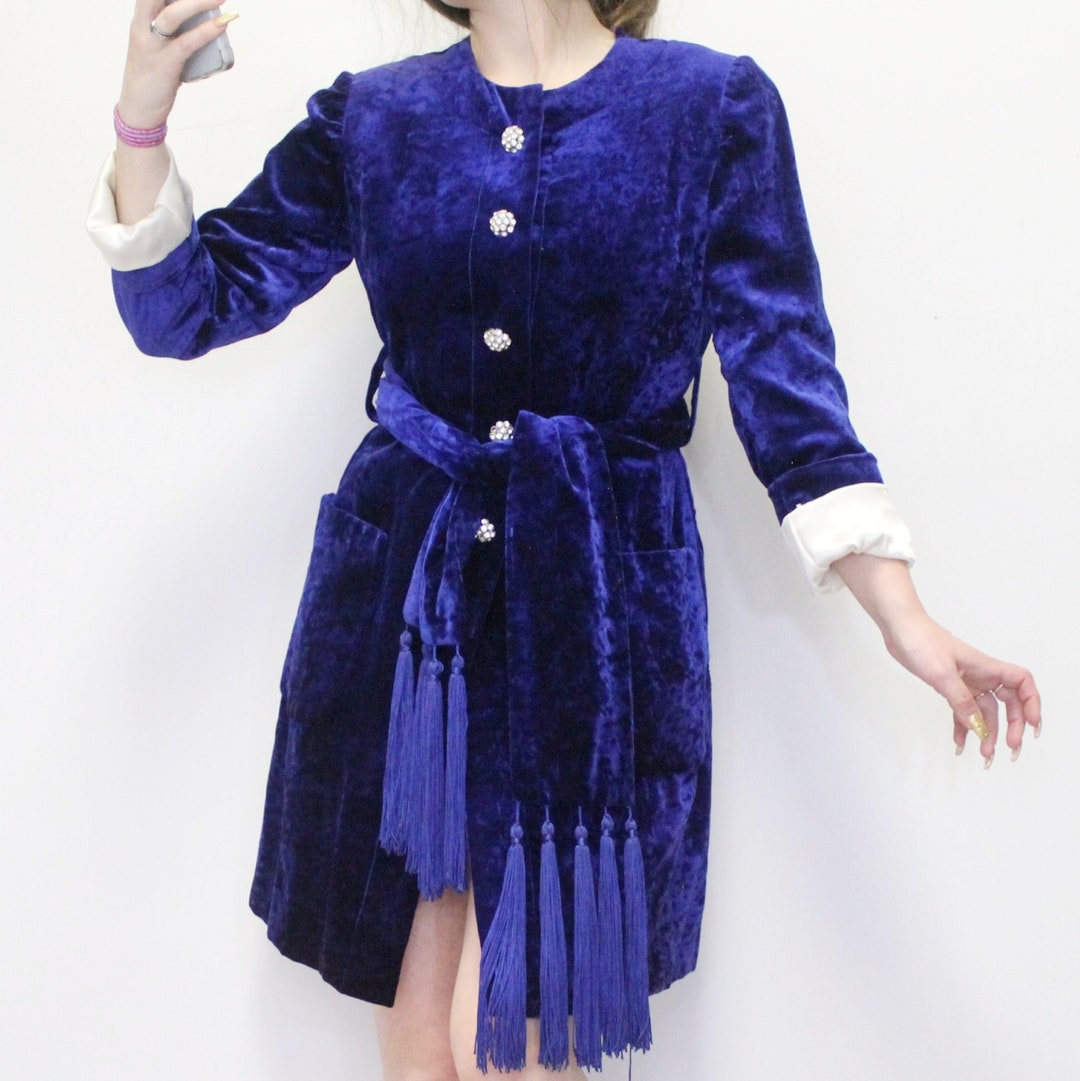 Vintage 60s Blue Velvet Mod Mini Dress/jacket With Fringe Sash Belt and ...