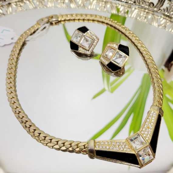 Vintage 90s Park Lane Jewelry Set Art Deco Glamour Gold Tone Necklace Clip on Earrings With Crystal Detail EL46 Etsy