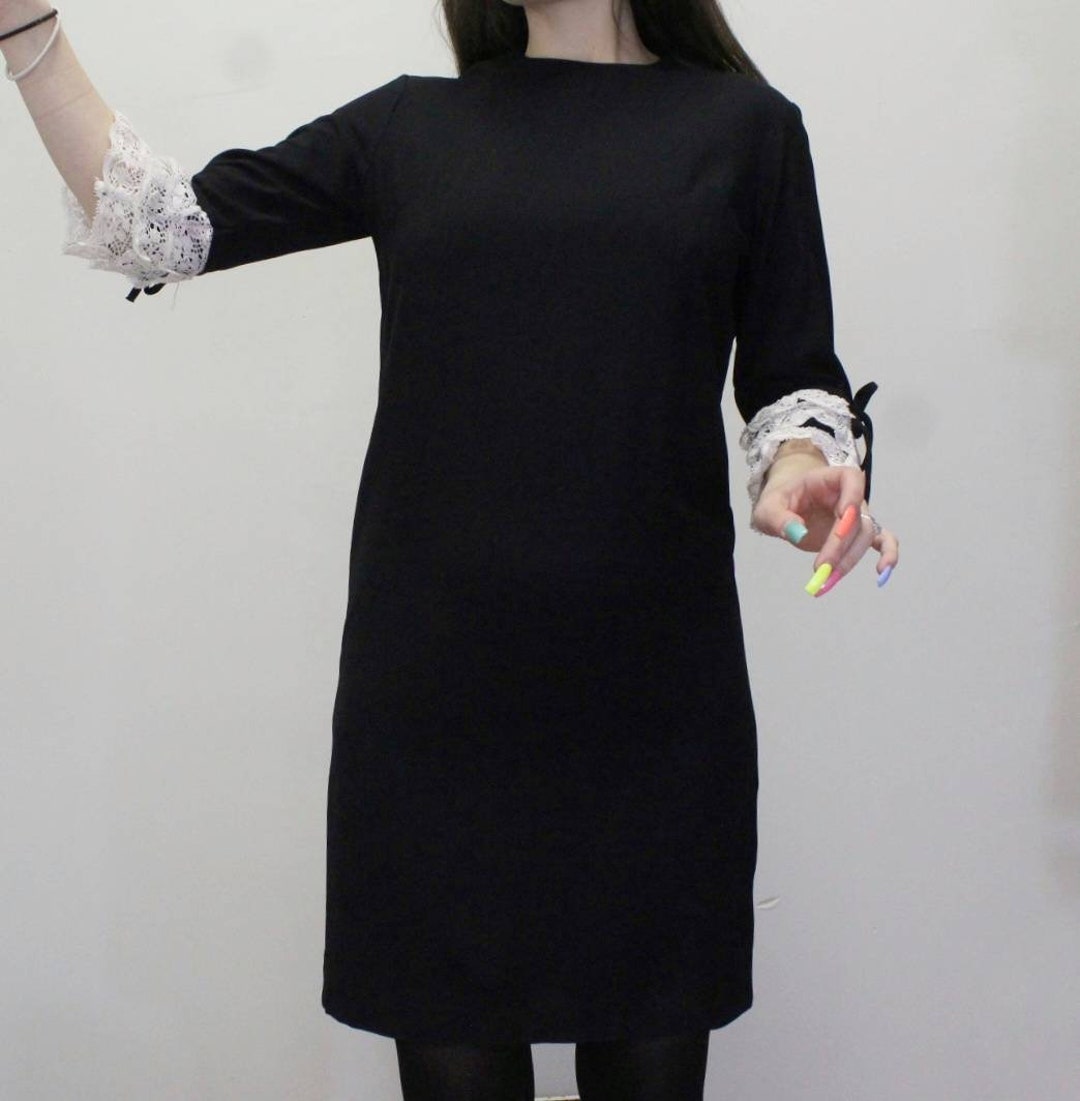 Vintage 60s Wednesday Addams Mini Dress With Lace Ruffle Sleeves- B&W ...