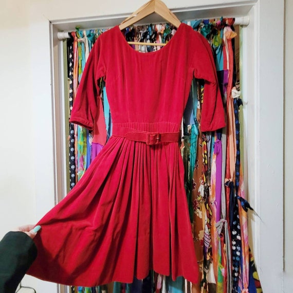 Vintage 60s Red Velvet Party Dress with Matching Belt… - Gem