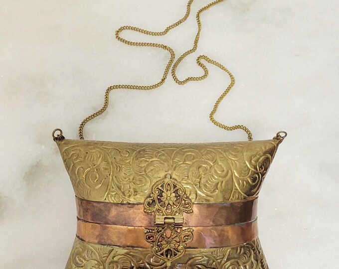 Vintage 30s Brass and Copper Pillow Purse Indigo Velvet Lined Hammered ...