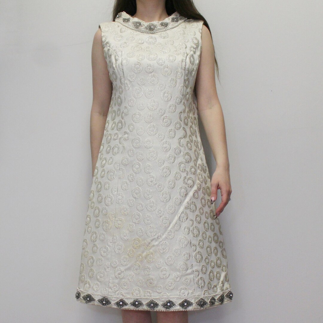 Vintage 60s Silver Embossed Mod Mini Dress With Beading and Rhinestones ...