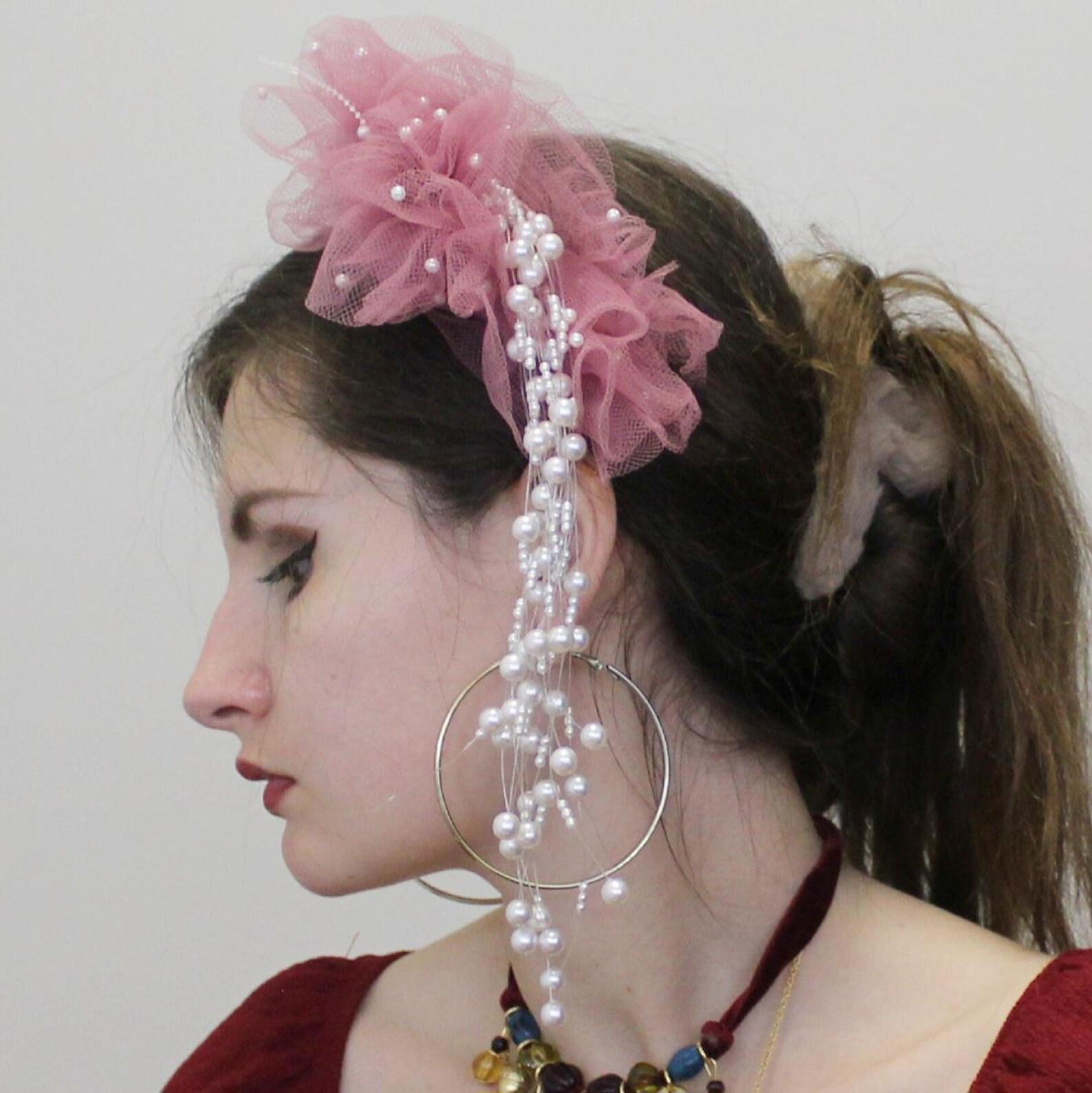 Vintage 80s Funky Headband Mauve Tulle Ruffle Headband With Dangling ...