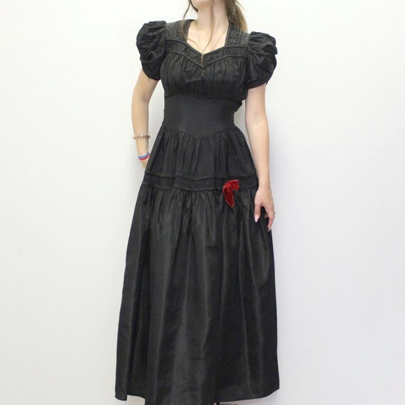 Vintage 30s Gothic Prom Dress Black Ballgown with Red… - Gem
