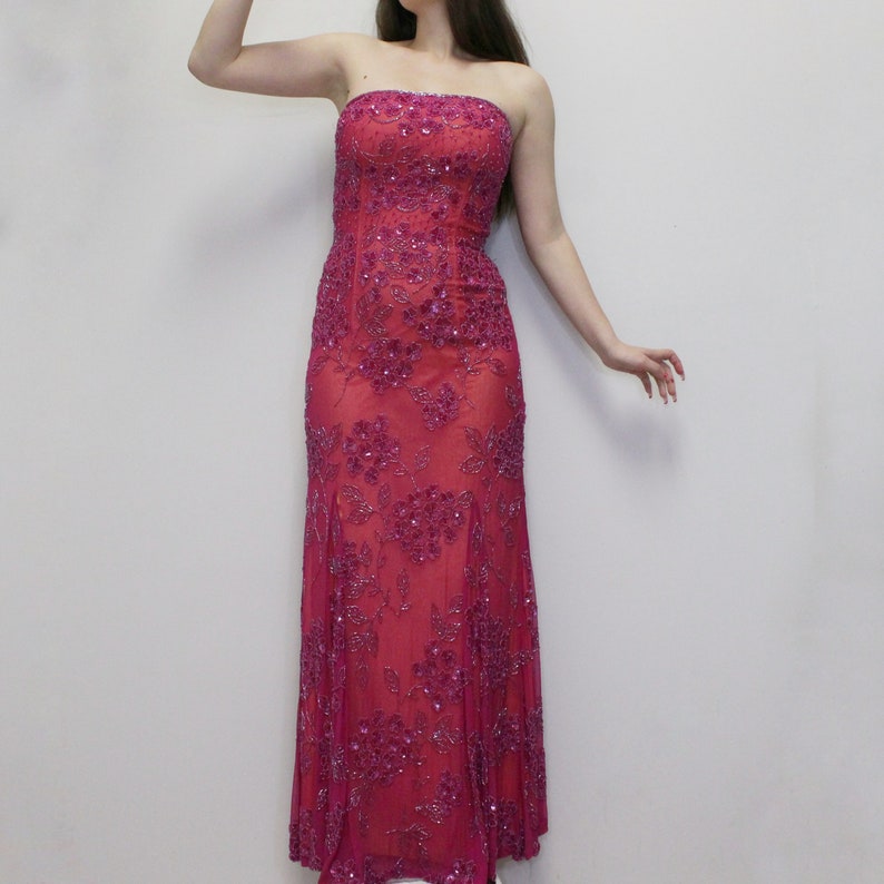 Vintage Y2k Prom Dress Pure Silk Magenta Sheath Strapless Prom Dress ...