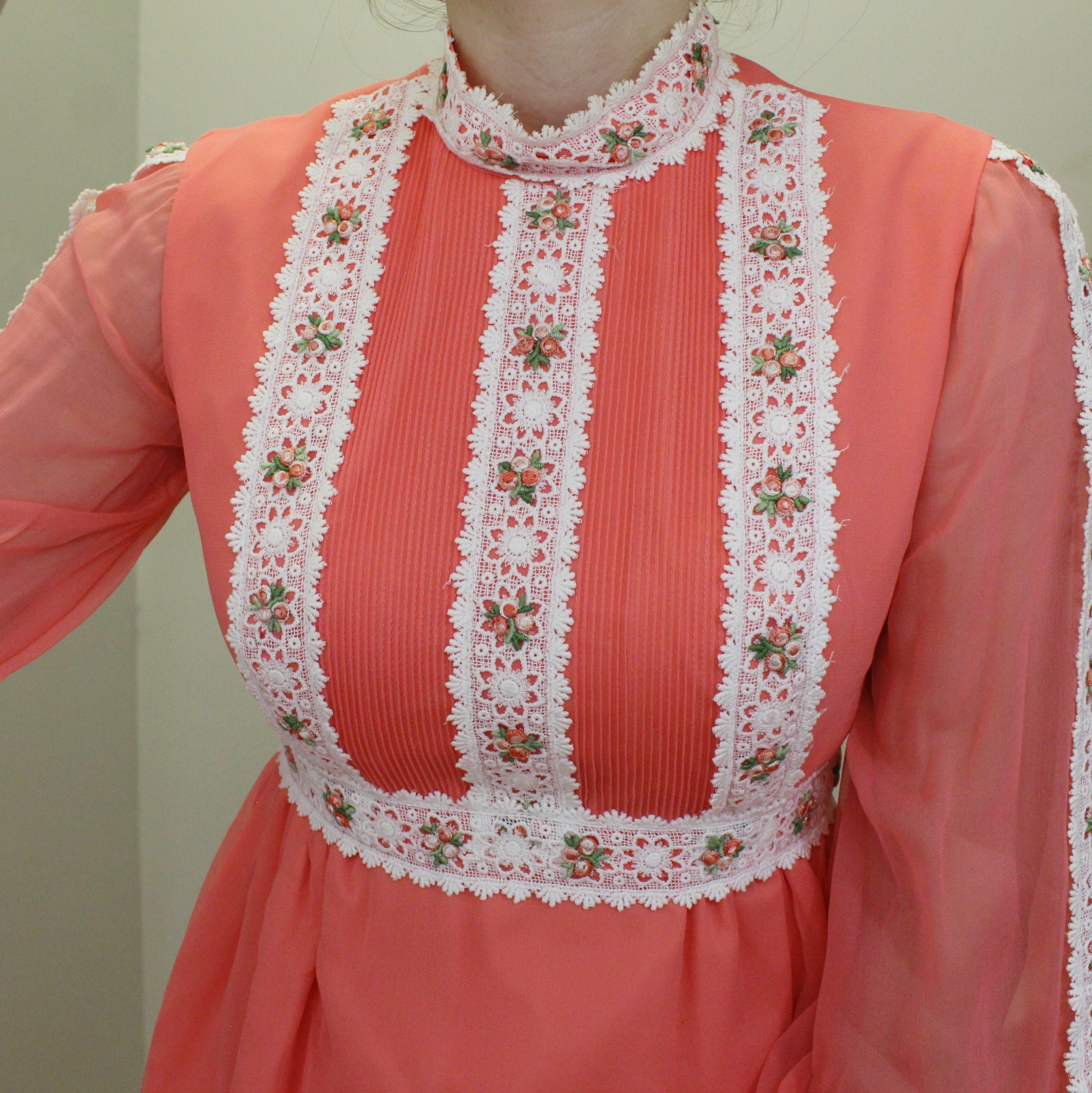 Vintage 70s Prom Dress Peachy Flower Maxi Dress- Peach Floral Trim ...