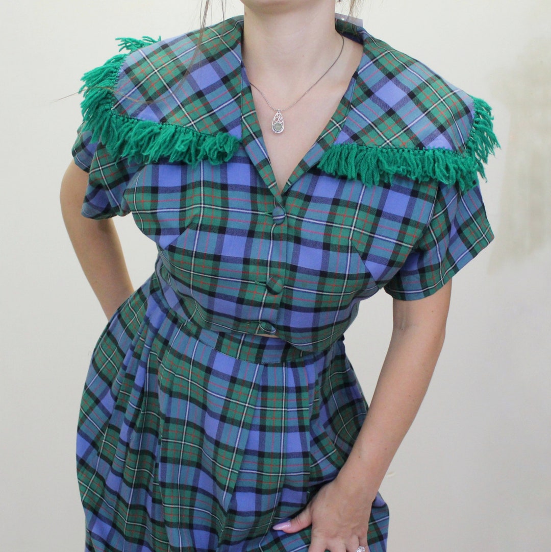Vintage 60s Plaid Outfit Set Matching Skirt and Cropped Jacket - Green ...