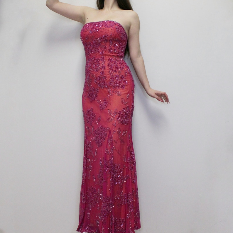 Vintage Y2k Prom Dress Pure Silk Magenta Sheath Strapless Prom Dress ...
