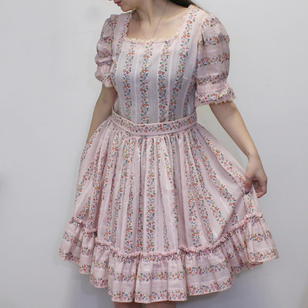 Vintage 60s Gothic Square Dancing Dress Pastel Pink Floral Minin Dress ...