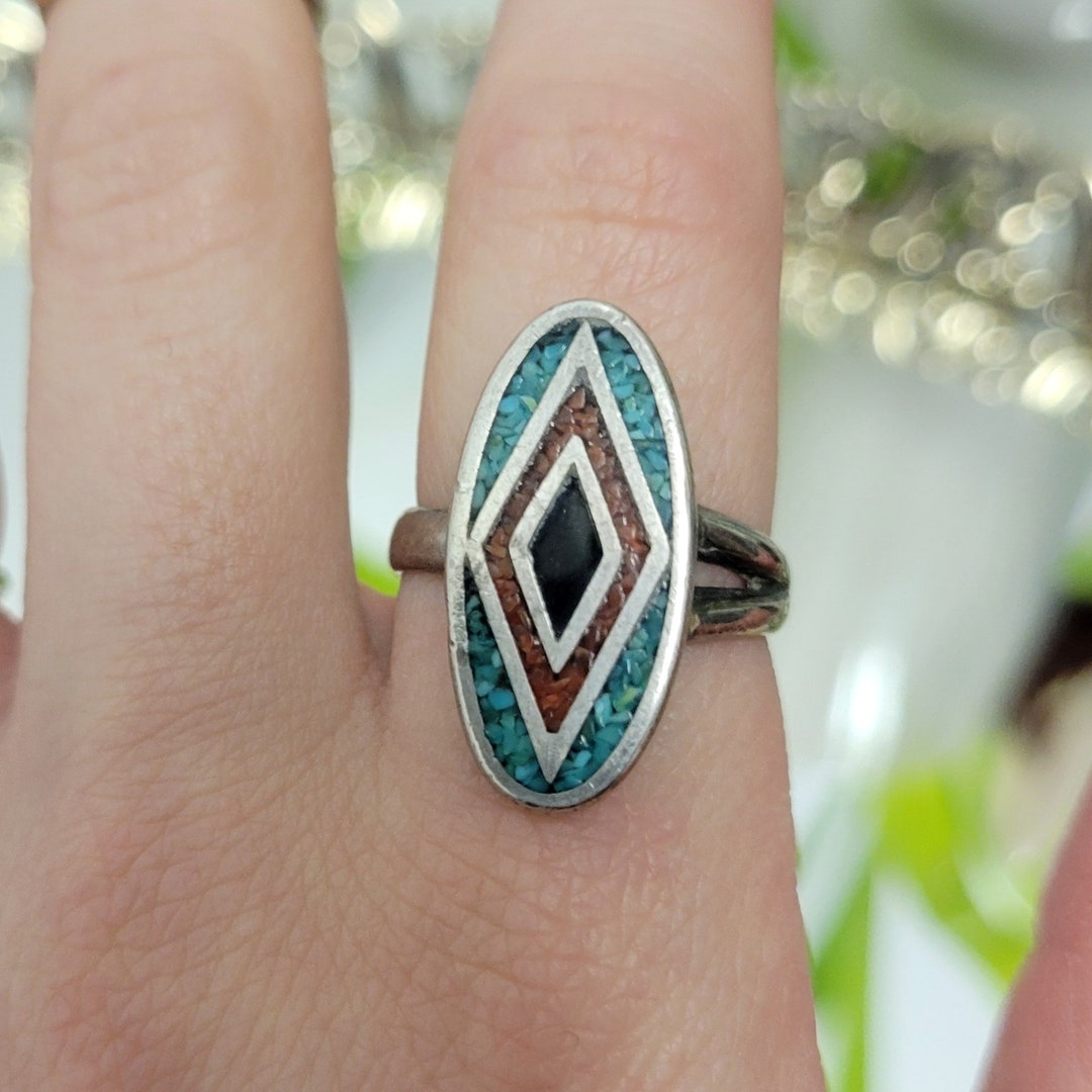 Vintage 60s Coral and Turquoise Chip Ring With Diamond Shape Black Onyx ...