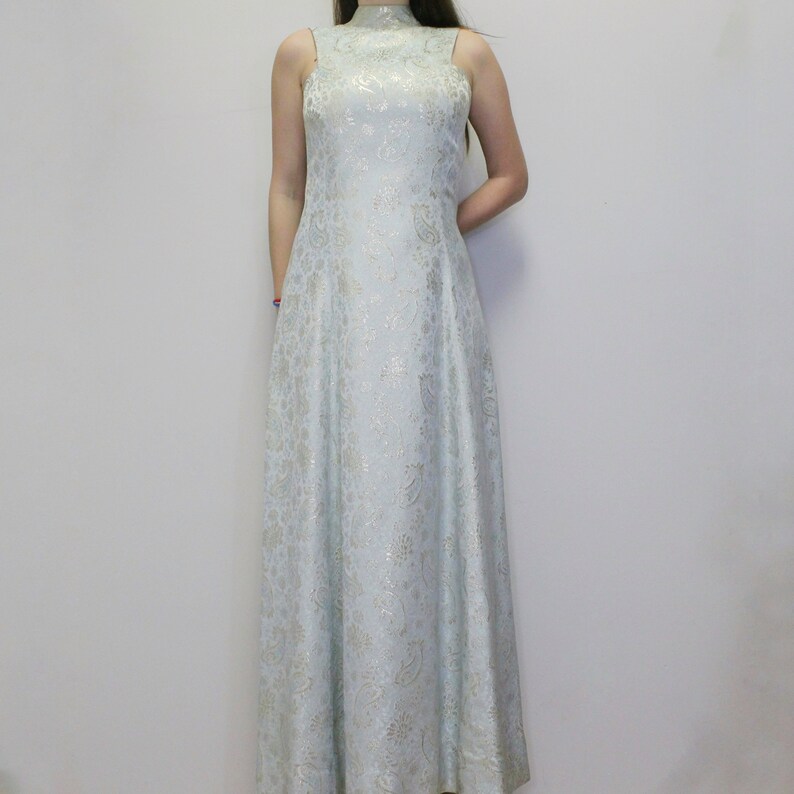 Vintage 60s Brocade Maxi Dress Gold Metallic Pastel Blue Mock Neck ...