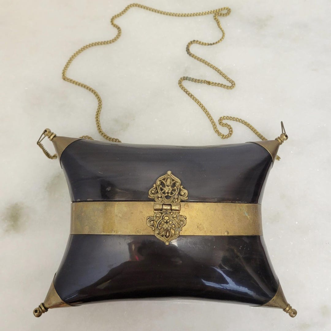 Vintage 30s Brass and Horn Pillow Purse Indigo Velvet Lined Floral ...