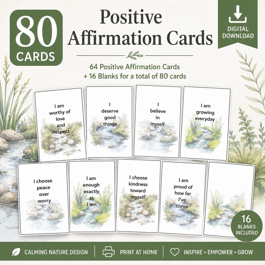 Positive Affirmation Cards, Watercolor Nature Designs, 80 Total ...