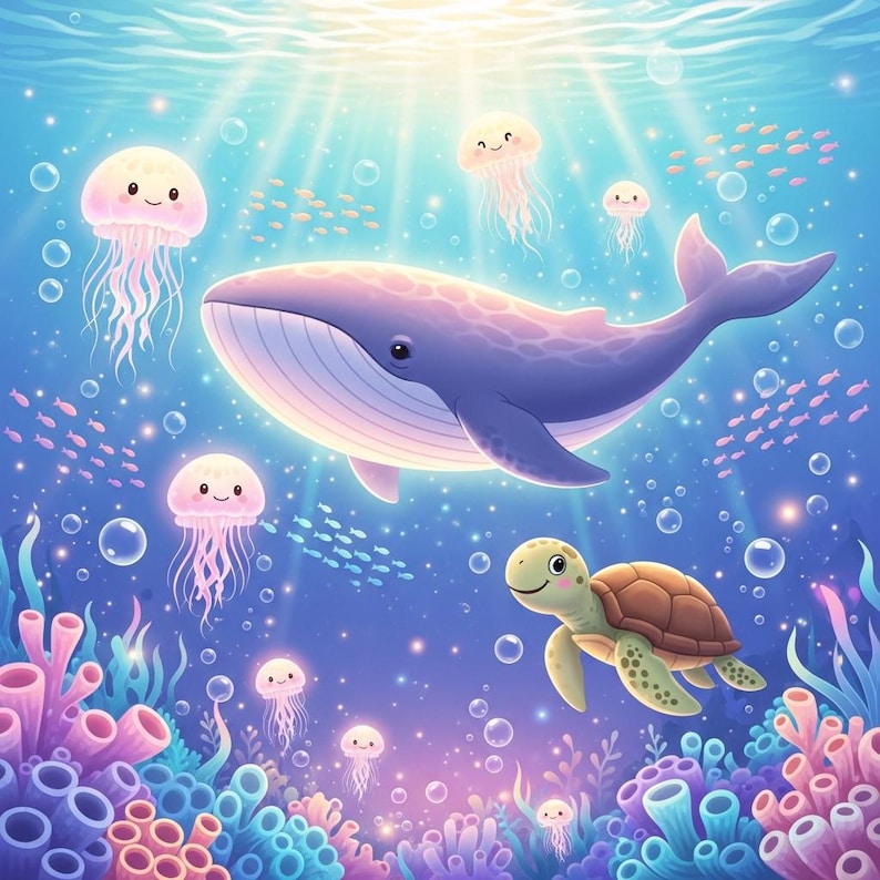 Ocean Animals Coloring Pages for Kids: Kawaii Sea Creatures Activity ...