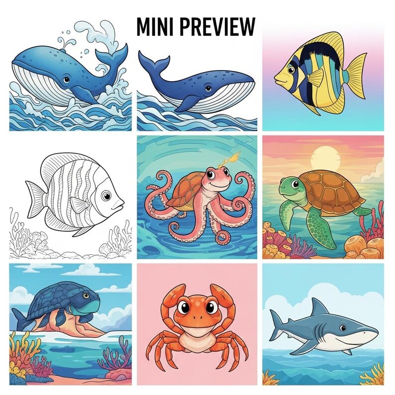 Ocean Animals Coloring Pages for Kids: Kawaii Sea Creatures Activity ...