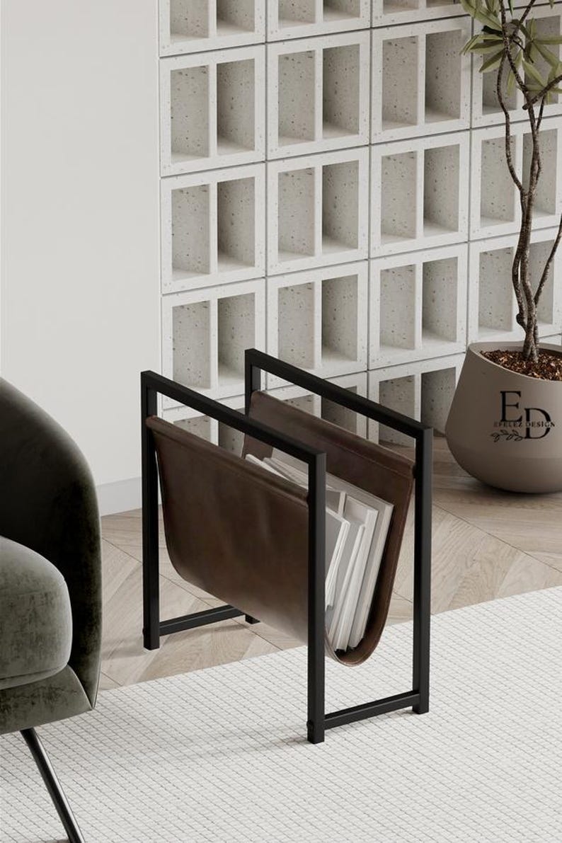Modern Black Metal Magazine Rack, Brown Faux Leather Sofa Organizer - Etsy