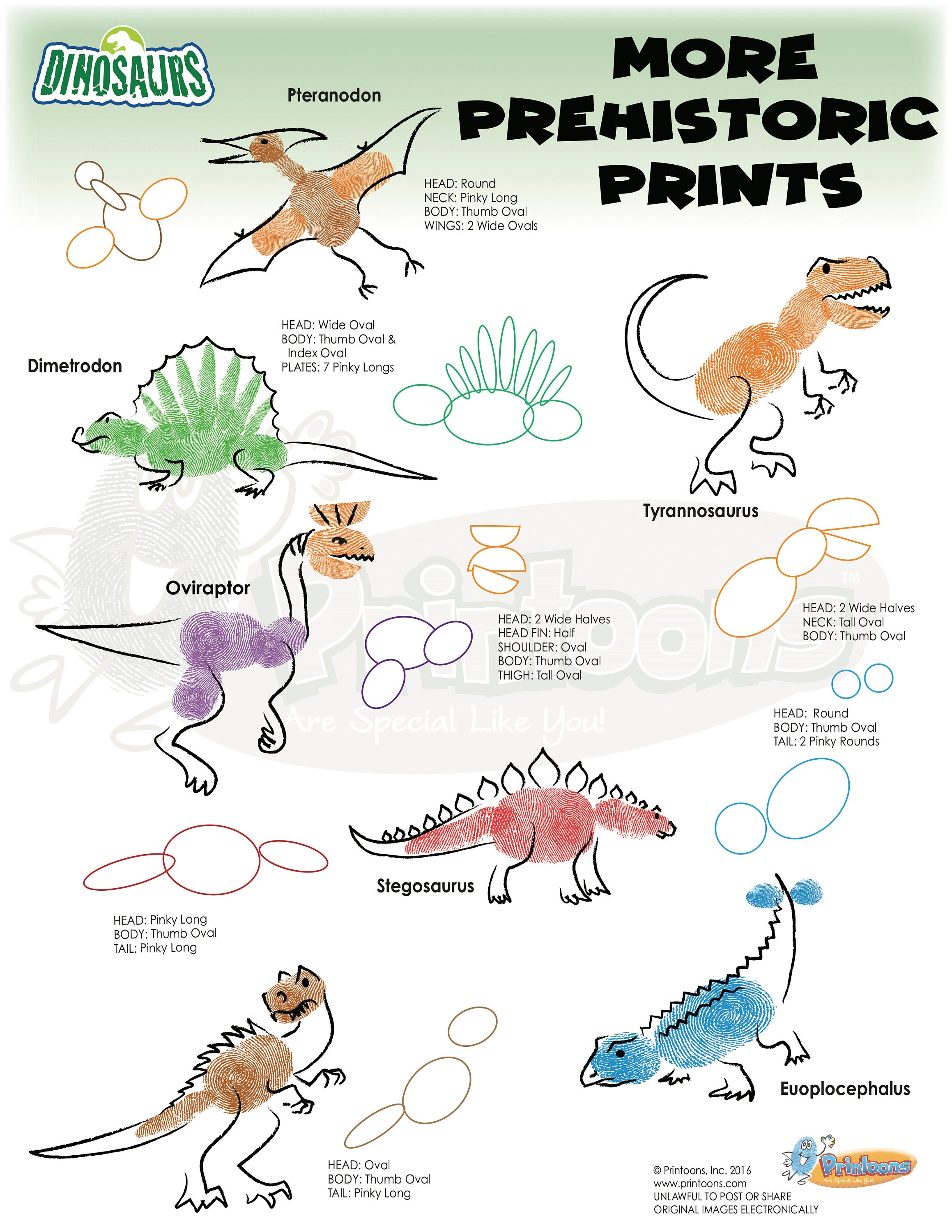 DINOSAUR POSTERS and CARDS Fingerprint Art, Dinosaur digital download ...