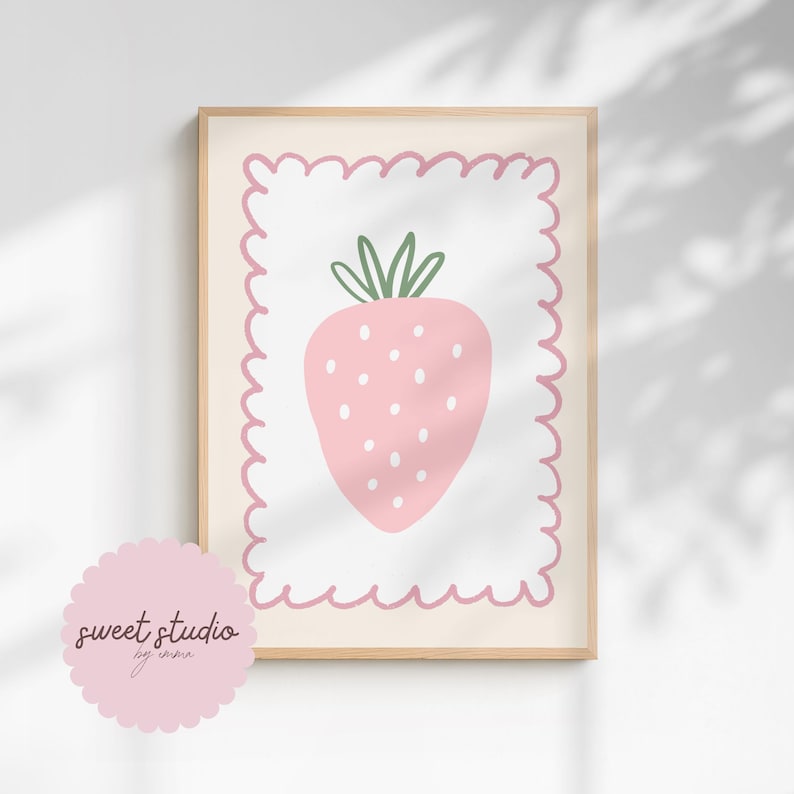 Strawberry Nursery Wall Art Print, Pink Scallop Border, Girls Bedroom ...