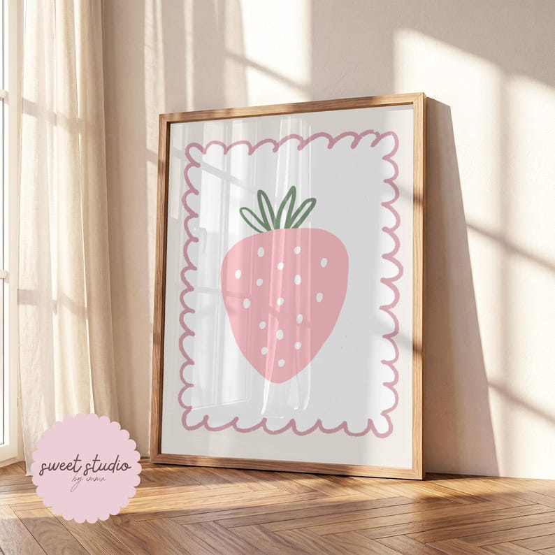 Strawberry Nursery Wall Art Print, Pink Scallop Border, Girls Bedroom ...