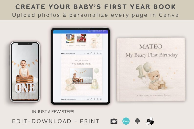 First Birthday Memory Album Editable Canva | Teddy Bear Baby Photo Book ...