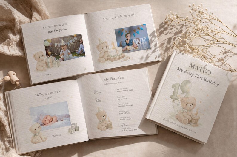 First Birthday Memory Album Editable Canva | Teddy Bear Baby Photo Book ...