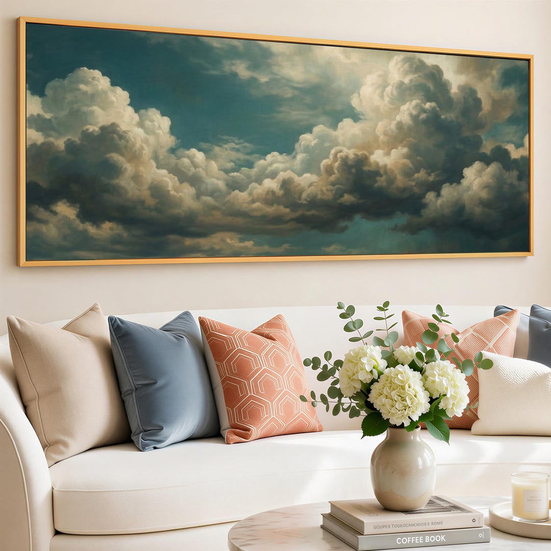 Vintage Moody Cloud Framed Canvas Print, Panoramic Stormy Sky Wall Art ...