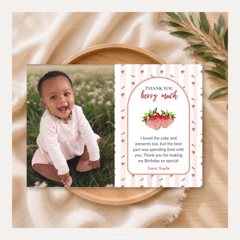Berry First Photo Thank You Card, Strawberry Thank You Note, Editable ...