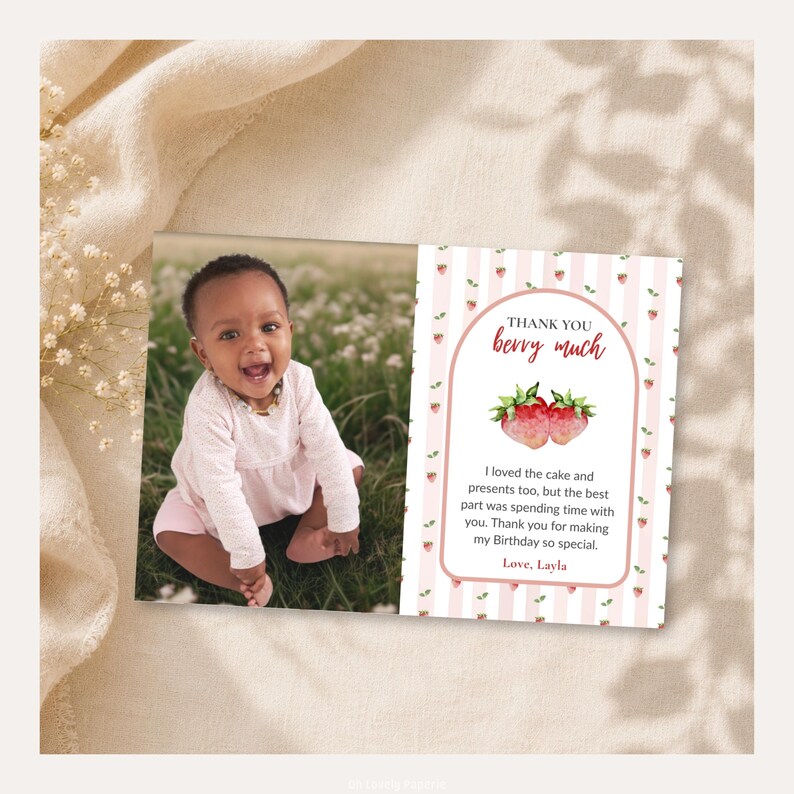 Berry First Photo Thank You Card, Strawberry Thank You Note, Editable ...