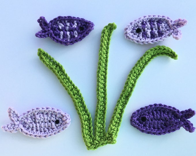 Crochet Sea Life, Crochet Applique, 4 Applique Fish & Reeds, Cardmaking ...