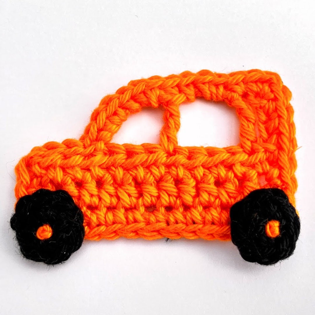 Crochet Applique, Crochet Car, 1 Large Bright Orange Applique Car ...