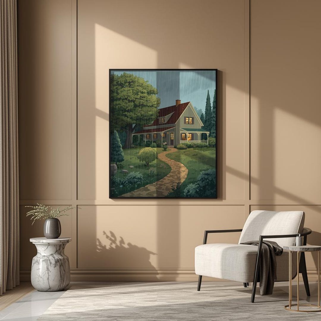 Rainy Cottage Wall Art Cozy Farmhouse Decor Moody Landscape Print ...