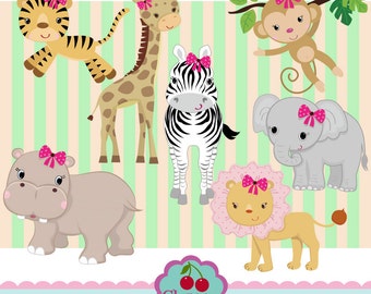 Cute Girl Safari Animals Digital Clipart Set for Personal and | Etsy