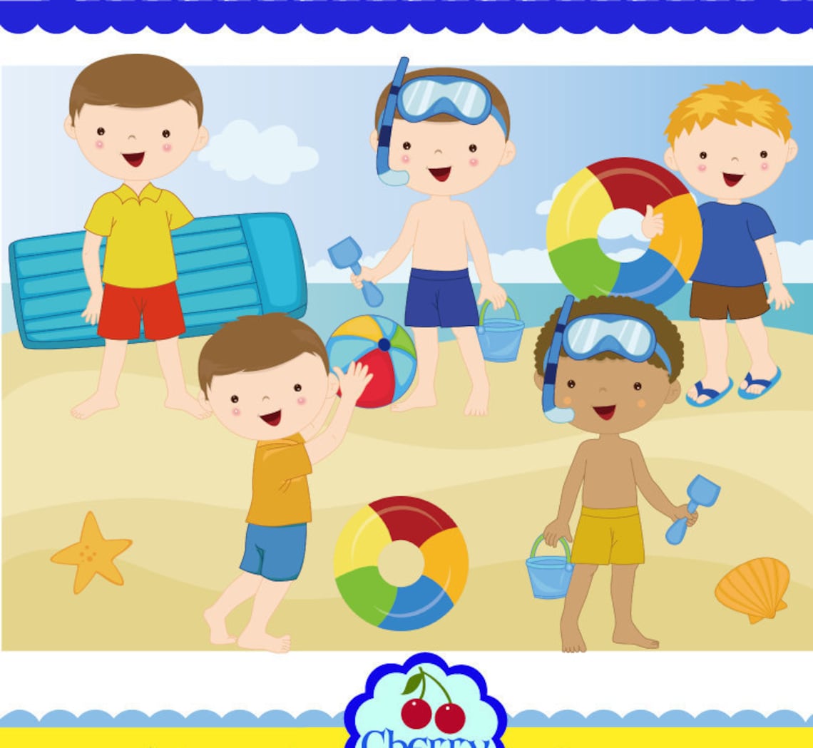 Summer time beach kids for boys clip art set-Personal and | Etsy