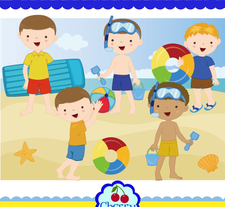 Summer time beach kids for boys clip art set-Personal and | Etsy