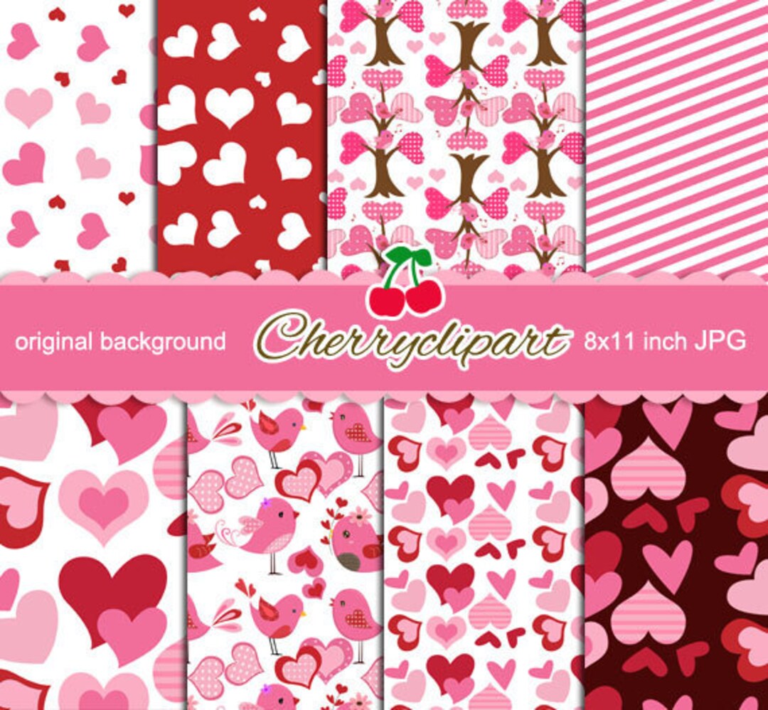 Valentine Love Birds Digital Papers for Card Design, Scrapbooking, and ...