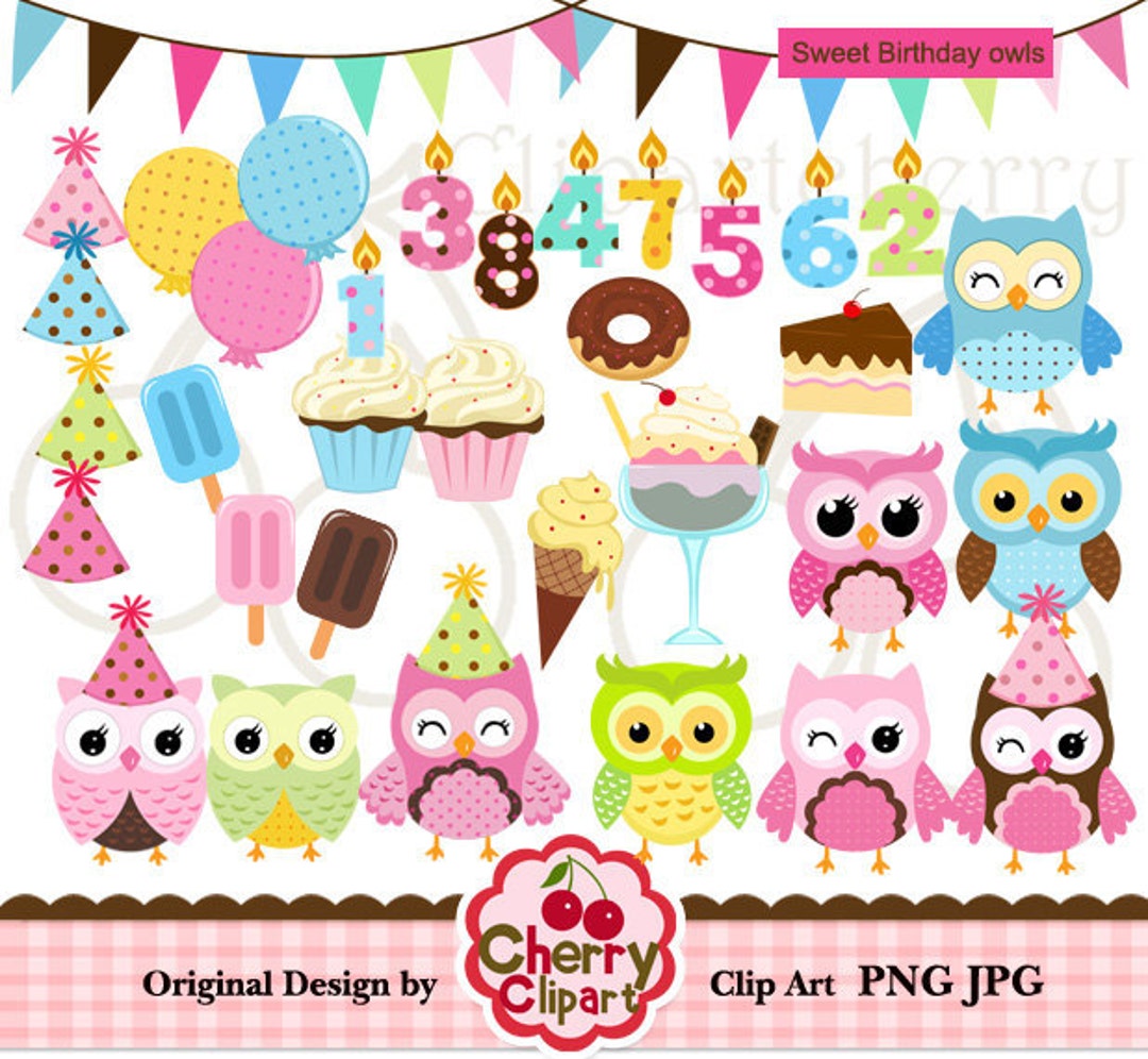 Sweet Birthday OWL Digital Clipart Set for personal and Commercial Use ...
