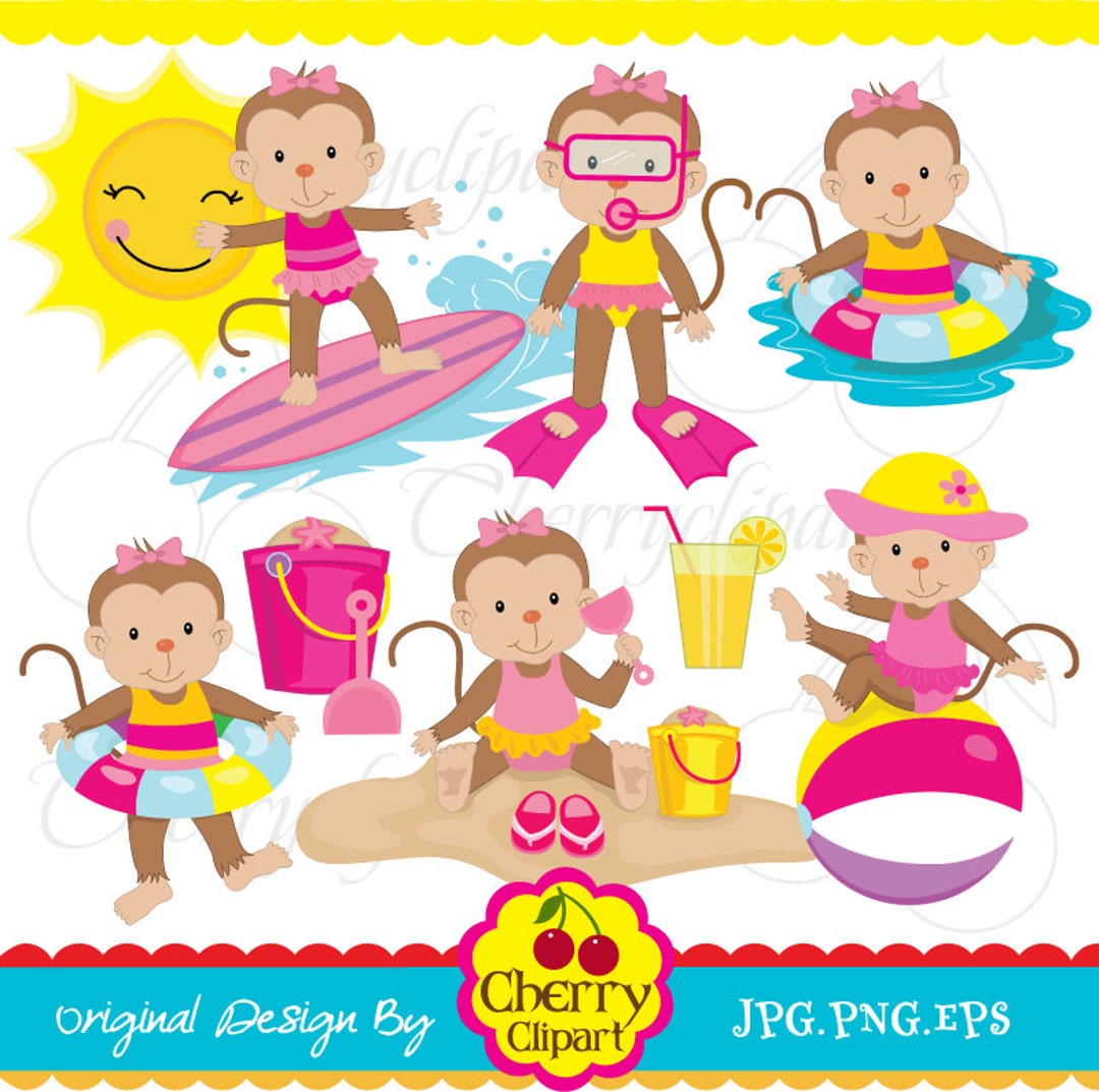 Summer Beach Time Monkeys for Girls Digital Clipart Set -personal and ...