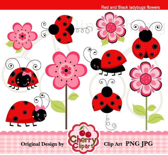 Red and Black Ladybugs Flowers Digital Clipart Set | Etsy
