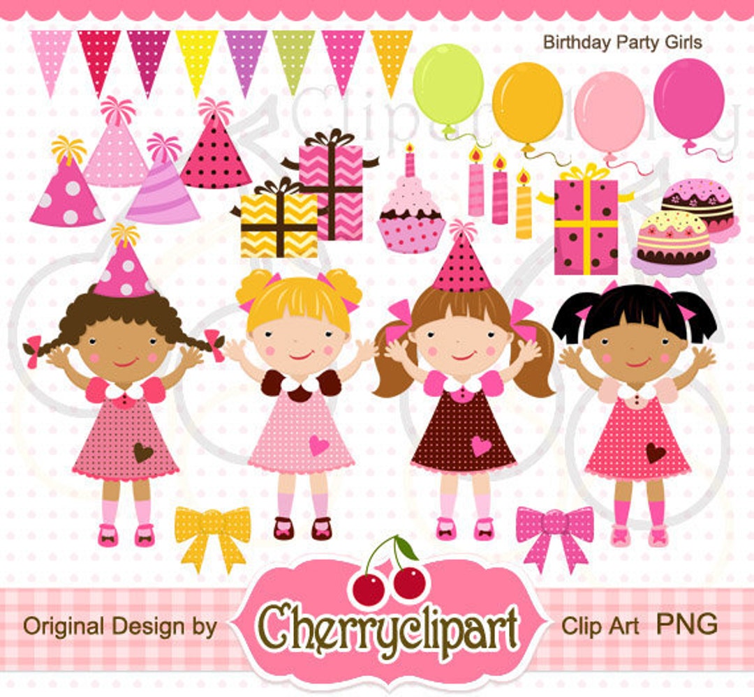 Colorful Birthday Party Girls Digital Clipart Set-for Card Design ...