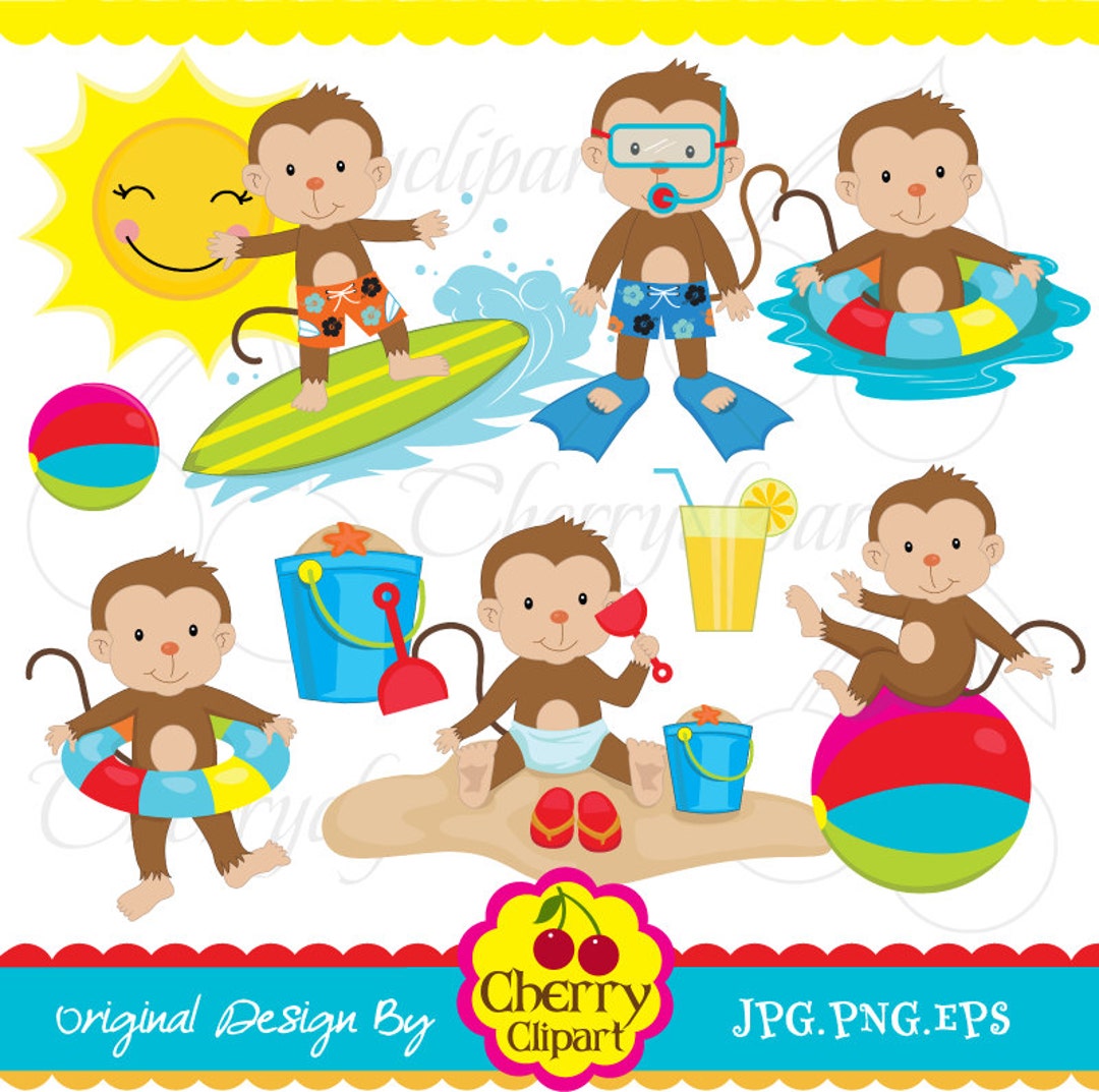Summer Beach Time Monkeys for Boys Digital Clipart Set -personal and ...