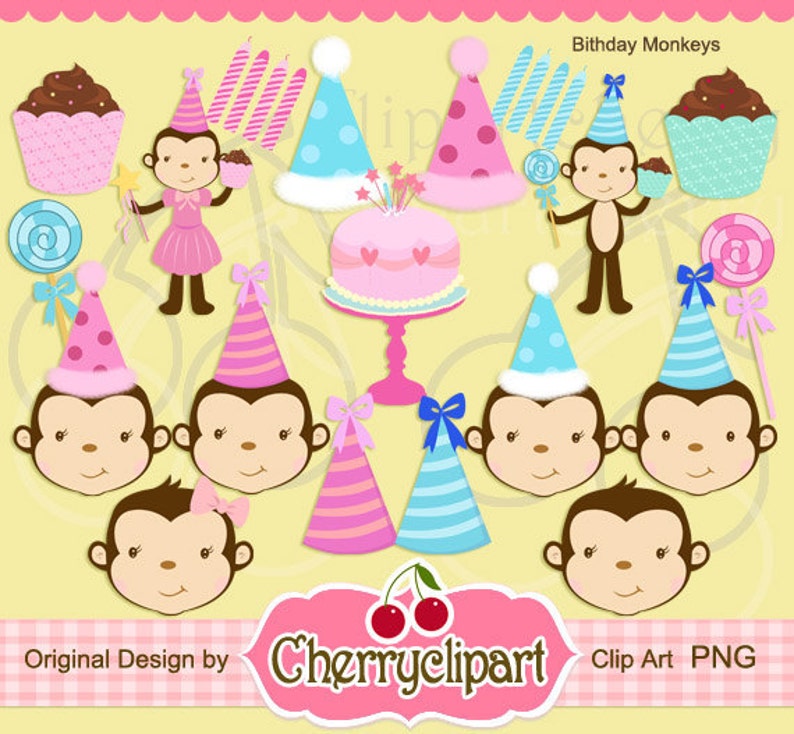 Birthday Boy and Girl Monkey digital clipart set-Personal and | Etsy