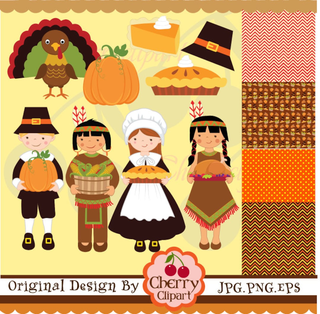 Thanksgiving Pilgrim Kids Clipart Set: Digital Paper Crafts (PNG, JPG ...
