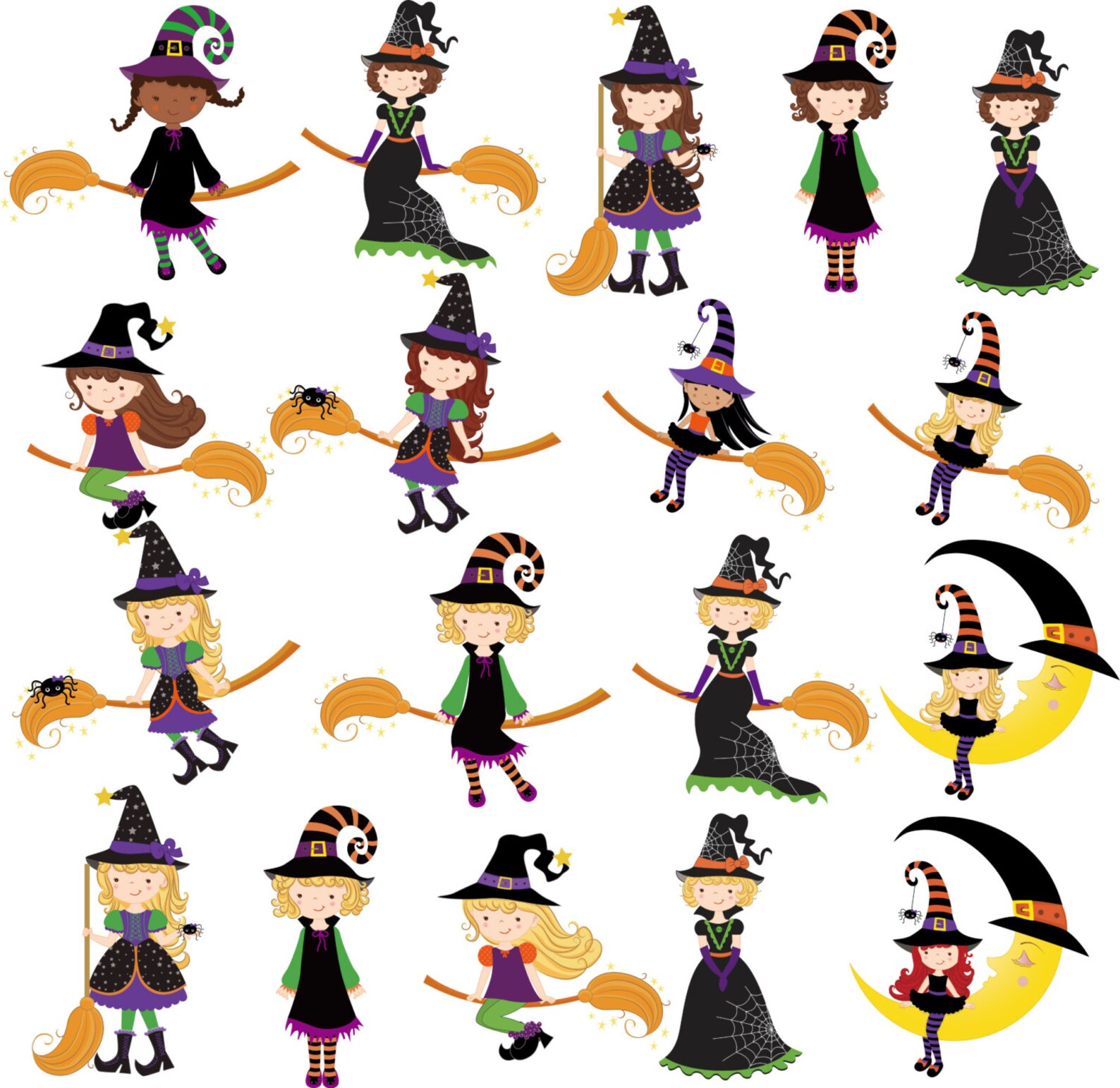 Halloween Cute Witches Digital Clipart Set Blond and Brown | Etsy