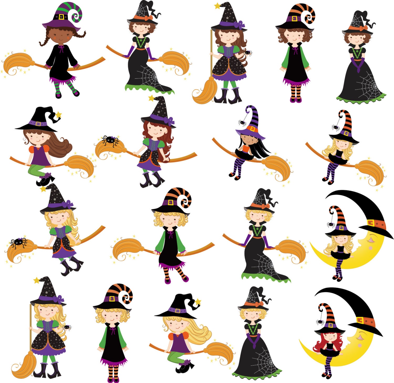 Halloween Cute Witches digital clipart set blond and brown | Etsy