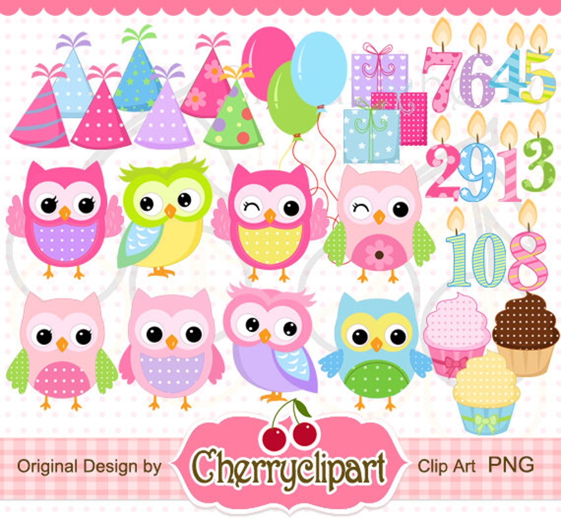 Birthday Owls Clipart Set: Candles & Hats (digital Download) - Etsy