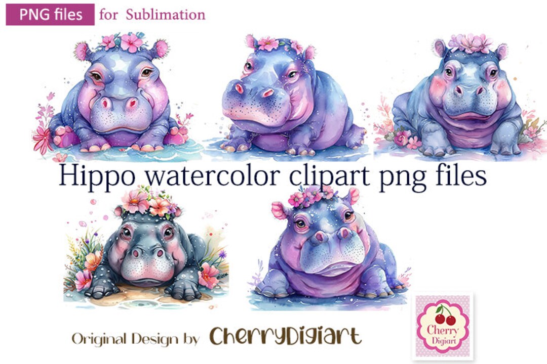 Hippos Watercolor Clipart, Hippo Printable, Hippo Png Sublimation, DIY ...